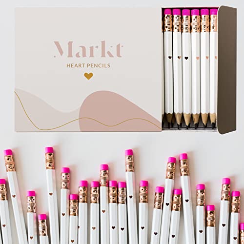 MARKT Mini Heart Pencils for Bridal Shower Games & Wedding Favors, Small White Pencils With Rose Gold Foil for Party Prizes or Gifts for Guests, Pre Sharpened Golf Pencils With Erasers (30 Pack)