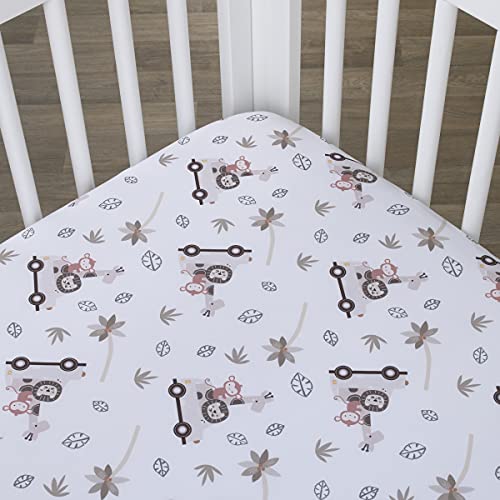 NoJo Jungle Ride Grey, White & Tan, Monkey, Giraffe & Lion Super Soft Fitted Crib Sheet, Grey, White, Tan