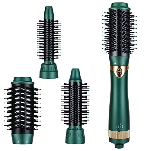 Hot Air Brush, Hair Dryer Brush, 3 in 1 Interchangerable Hair Dryer & Volumizer, Ceramic Negative Ion Curling Dryer Styler Brush with 3 Brush Heads (Green)