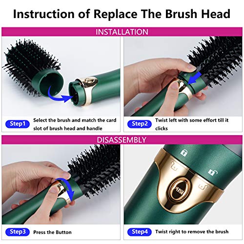 Hot Air Brush, Hair Dryer Brush, 3 in 1 Interchangerable Hair Dryer & Volumizer, Ceramic Negative Ion Curling Dryer Styler Brush with 3 Brush Heads (Green)