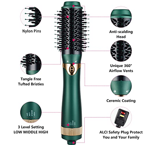 Hot Air Brush, Hair Dryer Brush, 3 in 1 Interchangerable Hair Dryer & Volumizer, Ceramic Negative Ion Curling Dryer Styler Brush with 3 Brush Heads (Green)