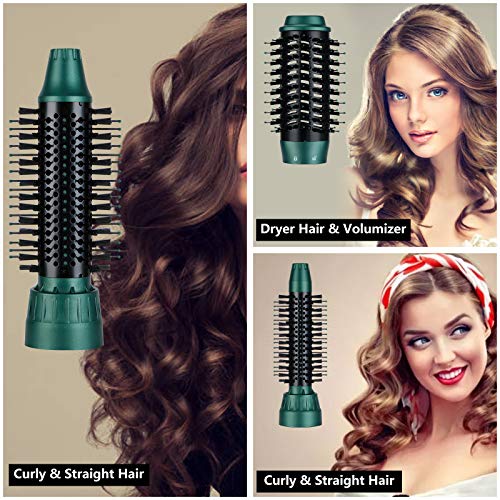 Hot Air Brush, Hair Dryer Brush, 3 in 1 Interchangerable Hair Dryer & Volumizer, Ceramic Negative Ion Curling Dryer Styler Brush with 3 Brush Heads (Green)