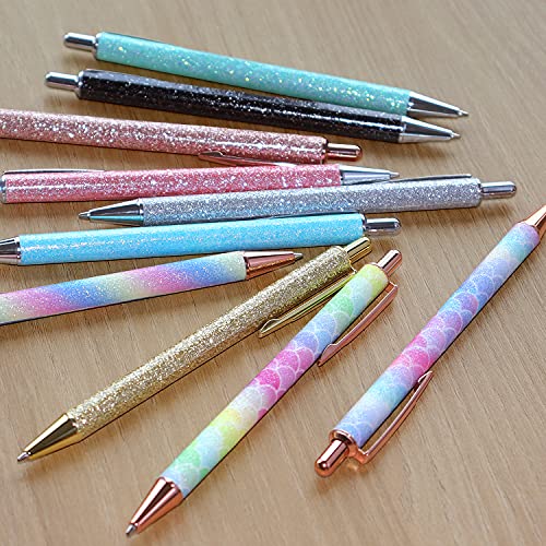 6 PCS Ballpoint Pens, Glitter Rose Gold Click Ball Pens, Metal Retractable Pen, Black Ink Medium Point 1mm, Gifts and Office Supplies