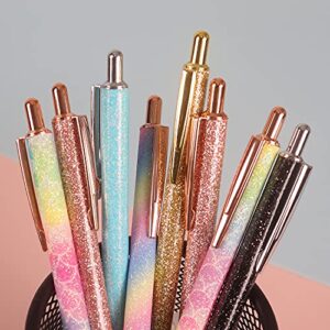 6 PCS Ballpoint Pens, Glitter Rose Gold Click Ball Pens, Metal Retractable Pen, Black Ink Medium Point 1mm, Gifts and Office Supplies