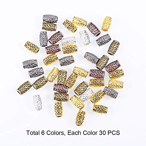 PH PandaHall 180pcs 6 Color Column Spacer Beads Tibetan Filigree Tube Metal Spacers for Bracelet Necklace Jewelry Making, Hole: 3.5mm