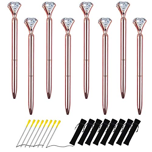 YZNlife 8 PCS Rose Gold Big Crystal Diamond Ballpoint Pen Bling Metal Ballpoint Pen Office Supplies Gift Pens For Christmas Wedding Birthday, Includes 8 Pieces Pen Refills,8 Pieces Black Velvet Bags