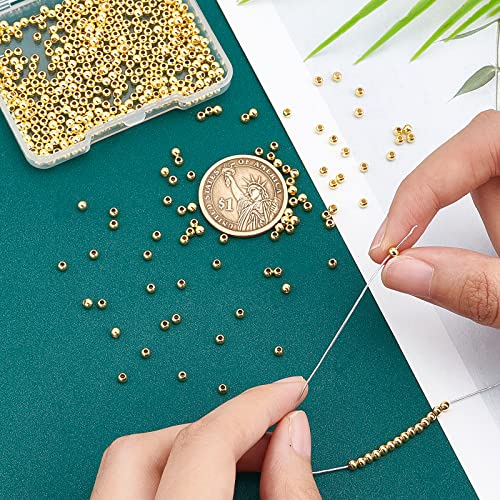 PH PandaHall 500pcs 3mm Gold Beads 18K Gold Plated Beads Long-Lasting Round Smooth Spacer Beads Seamless Loose Balls Mini Seed Beads for Summer Hawaii Stackable Necklace, Bracelet, Earring Making