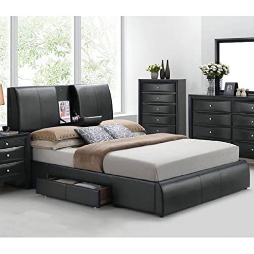 Epinki Eastern King Bed with Headboard in Black PU, Platform Bed Frame, Easy Assembly