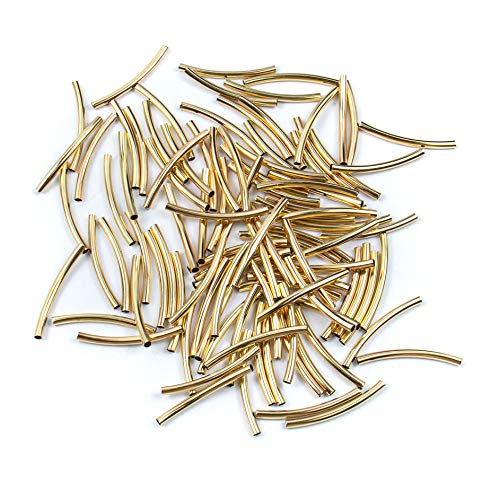 AUEAR, 100 Pack Plated Metal Smooth Long Curved Noodle Tube Spacer Loose Beads 3x50mm for DIY Necklace Bracelet Jewelry Making (Gold)