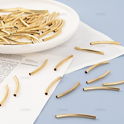 AUEAR, 100 Pack Plated Metal Smooth Long Curved Noodle Tube Spacer Loose Beads 3x50mm for DIY Necklace Bracelet Jewelry Making (Gold)