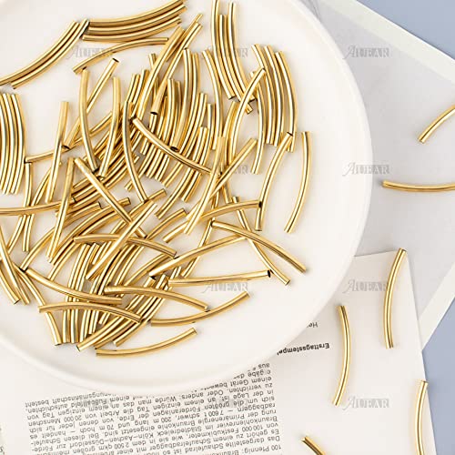 AUEAR, 100 Pack Plated Metal Smooth Long Curved Noodle Tube Spacer Loose Beads 3x50mm for DIY Necklace Bracelet Jewelry Making (Gold)