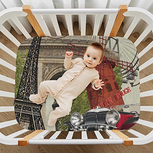 Vintage Paris Car Crib Sheets for Baby Soft and Breathable Baby Crib Sheets Machine Washable Pack and Play Sheets for Kid Girl Boy