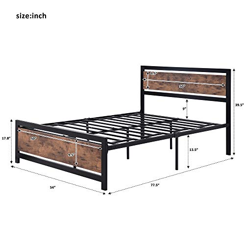 Full Bed Frame with Wood Headboard, Modern Rustic Style Platform Bed Frame Full Size, Heavy Duty Strong Metal Slats Support, No Box Spring Needed, Easy Assembly (Black, Full)