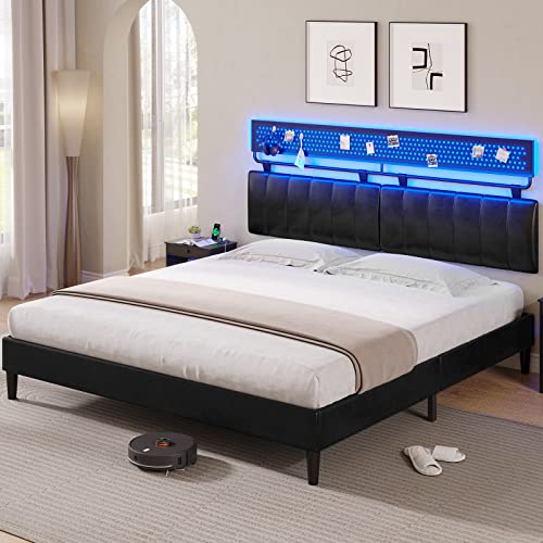 Hasuit King Size Smart LED Bed Frame, Upholstered Platform Bed Frame with Wall Mount Headboard, Verticle Channel Faux Leather Design, No Box Spring Needed, Black