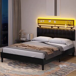 Hasuit King Size Smart LED Bed Frame, Upholstered Platform Bed Frame with Wall Mount Headboard, Verticle Channel Faux Leather Design, No Box Spring Needed, Black