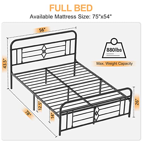 Bigbiglife Classic Metal Bed Frame with Headboard and Footboard, Sturdy Platform Bed Frame with Steel Slat Support/Under Bed Storage/No Box Spring Needed, Black, Full Size