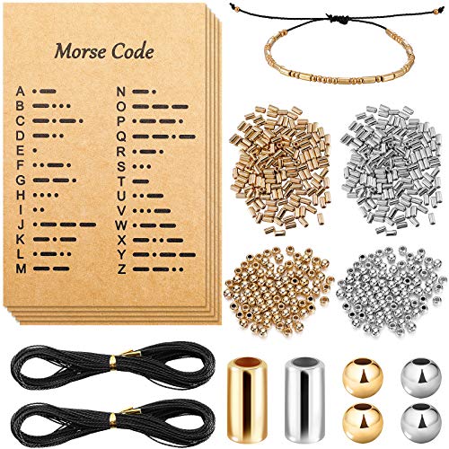 Yaomiao DIY Morse Code Bracelet Making Set, 800 Round Spacer Beads, 800 Long Tube Beads, 20 Morse Code Decoding Card and 2 Rolls 66 ft Waxed Polyester Twine Cord (Silver and Gold, Black Rope)