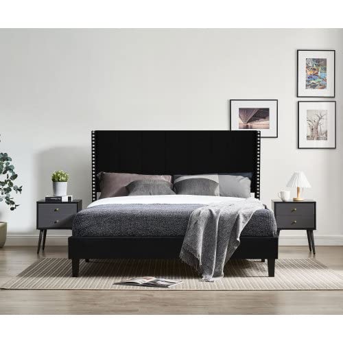 Anwickmak Modern Queen Bed Frame, Velvet Upholstered Wingback Platform Bed Frame Queen Size with Headboard, Low Profile Bed Frame, Sturdy Wooden Slats, Noise-Free, No Box Spring Needed (Black)