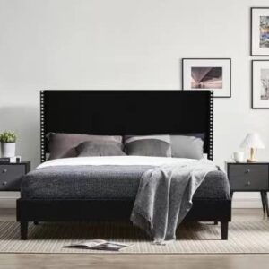 Anwickmak Modern Queen Bed Frame, Velvet Upholstered Wingback Platform Bed Frame Queen Size with Headboard, Low Profile Bed Frame, Sturdy Wooden Slats, Noise-Free, No Box Spring Needed (Black)