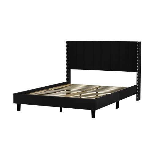 Anwickmak Modern Queen Bed Frame, Velvet Upholstered Wingback Platform Bed Frame Queen Size with Headboard, Low Profile Bed Frame, Sturdy Wooden Slats, Noise-Free, No Box Spring Needed (Black)