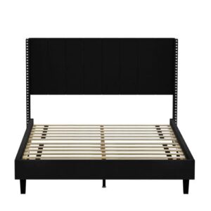 Anwickmak Modern Queen Bed Frame, Velvet Upholstered Wingback Platform Bed Frame Queen Size with Headboard, Low Profile Bed Frame, Sturdy Wooden Slats, Noise-Free, No Box Spring Needed (Black)