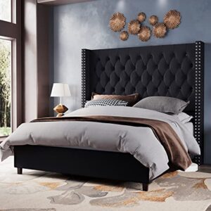 jocisland 61.4" tall bed frame queen size upholstered bed wingback headborad velvet tufted handmade pleat deep button/no box spring needed/black