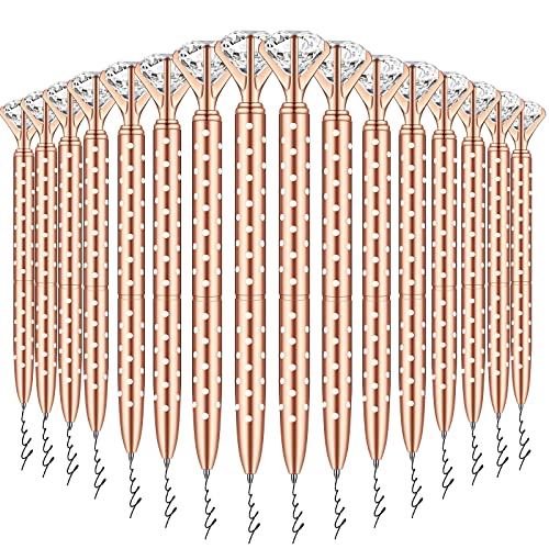 PASISIBICK 16 Pcs Rose gold Diamond Pens with Polka Dots-Bling Wedding Office Supplies Décor Gifts for Women Bridesmaid Coworkers Metal Ballpoint Pens with Black Ink (Rose Gold with White Polka Dots)