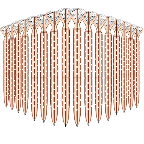 PASISIBICK 16 Pcs Rose gold Diamond Pens with Polka Dots-Bling Wedding Office Supplies Décor Gifts for Women Bridesmaid Coworkers Metal Ballpoint Pens with Black Ink (Rose Gold with White Polka Dots)