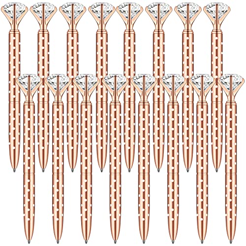 PASISIBICK 16 Pcs Rose gold Diamond Pens with Polka Dots-Bling Wedding Office Supplies Décor Gifts for Women Bridesmaid Coworkers Metal Ballpoint Pens with Black Ink (Rose Gold with White Polka Dots)