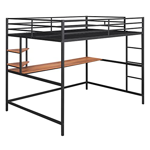 BIADNBZ Metal Full Size Loft Bed with Desk and Shelve,Heavy Duty Bedframe with Ladder,Full-Length Guardrails for Teens/Adults,Black