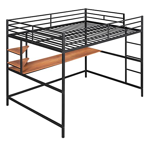 BIADNBZ Metal Full Size Loft Bed with Desk and Shelve,Heavy Duty Bedframe with Ladder,Full-Length Guardrails for Teens/Adults,Black