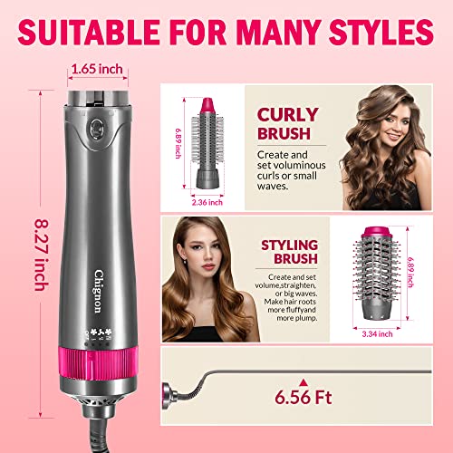 Hair Dryer Brush and Volumizer Styler, Hot Air Brush, Negative Ionic Electric Hair Curler Straightener Brush, Detachable & Interchangeable Brush Head Attachment, for Straightening Curling Drying