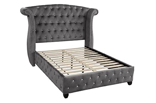 Epinki Queen Bed with Headboard, Gray, Wood, Platform Bed Frame, Easy Assembly