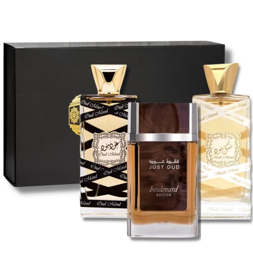 Lattafa Perfumes Oud Mood, Just Oud Boulevard Edition & Musk Mood PREMIUM COLLECTION |EDP - 100ML (3.4Oz) |Smoke, Vanilla, & Sandalwood|Saffron & Cardamom,White Musk.