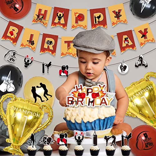 Boxing Match Birthday Party Decorations Fight Theme Party Supplies with Birthday Banner, Cake Toppers, Boxing Garland, Latex Balloons for Wrestling Fight Sports Theme Birthday Decoration