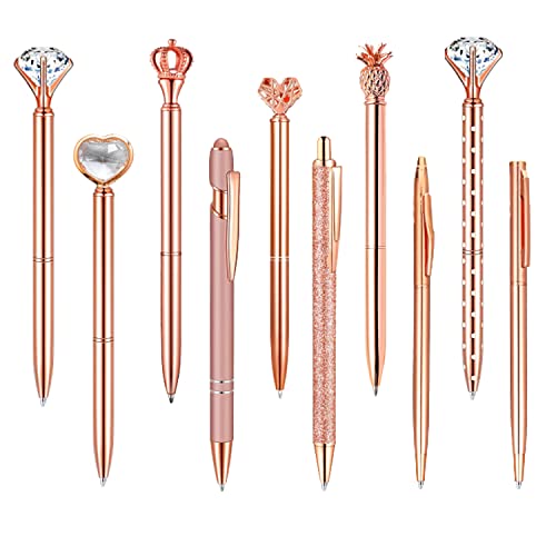 HEYTOP 10 Pcs Rose Gold Ballpoint Pens Set Metal Bling Crystal Pen Heart Crystal Diamond Glitter Pens Black Ink Crown Fancy Pens Gifts for Women Wedding School Office Home Desk Supplies