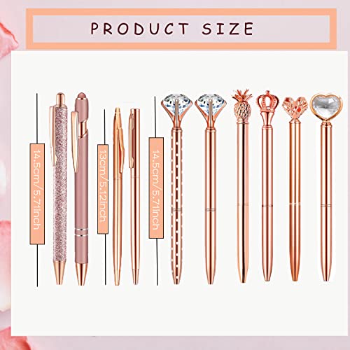 HEYTOP 10 Pcs Rose Gold Ballpoint Pens Set Metal Bling Crystal Pen Heart Crystal Diamond Glitter Pens Black Ink Crown Fancy Pens Gifts for Women Wedding School Office Home Desk Supplies