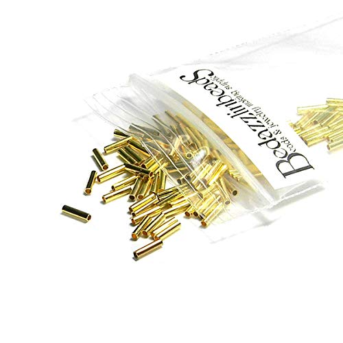 100 Little 5mm Long x 1mm Smooth Straight Tube Spacer Beads Plated Brass Metal (Gold Plated)