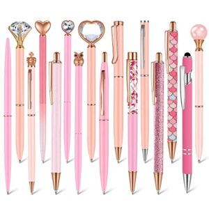 16 pieces crystal diamond fancy pens for kids women metal ballpoint pens bulk diamond liquid glitter pen with black ink for girl bridesmaid wedding party supplies school office easter (pink series)