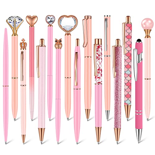 16 Pieces Crystal Diamond Fancy Pens for Kids Women Metal Ballpoint Pens Bulk Diamond Liquid Glitter Pen with Black Ink for Girl Bridesmaid Wedding Party Supplies School Office Easter (Pink Series)