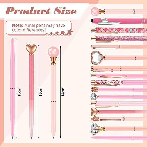 16 Pieces Crystal Diamond Fancy Pens for Kids Women Metal Ballpoint Pens Bulk Diamond Liquid Glitter Pen with Black Ink for Girl Bridesmaid Wedding Party Supplies School Office Easter (Pink Series)