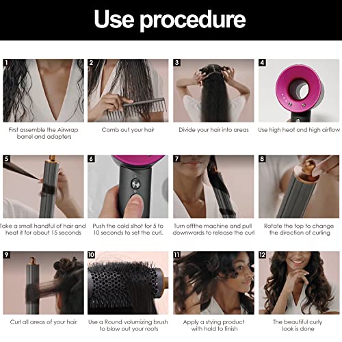 3 in 1 Hair Styling Tools with 1.6 inch Standard Hair Curling Barrels,Conversing Adapter and Round Volumizing Brush,Fit for Dyson Supersonic Hair Dryer(Rose Red)