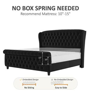 LUXOAK King Size Platform Bed Frame, Velvet Upholstered Sleigh Bed with Curved Headboard & Footboard, Deep Button Tufted, Wood Slats Support, No Box Spring Needed, Black