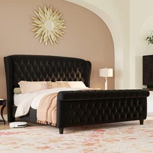 luxoak king size platform bed frame, velvet upholstered sleigh bed with curved headboard & footboard, deep button tufted, wood slats support, no box spring needed, black