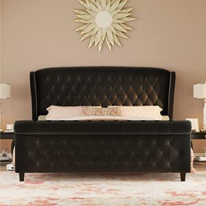 LUXOAK King Size Platform Bed Frame, Velvet Upholstered Sleigh Bed with Curved Headboard & Footboard, Deep Button Tufted, Wood Slats Support, No Box Spring Needed, Black