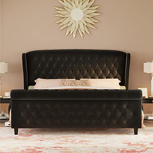 LUXOAK King Size Platform Bed Frame, Velvet Upholstered Sleigh Bed with Curved Headboard & Footboard, Deep Button Tufted, Wood Slats Support, No Box Spring Needed, Black