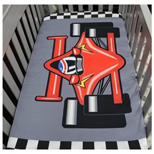 Dear Baby Gear Deluxe Crib Sheet, Racing Car with Driver and Checkered Flags, 28 x 52 x 10 Inches, Cotton Polyester