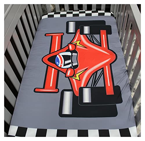 Dear Baby Gear Deluxe Crib Sheet, Racing Car with Driver and Checkered Flags, 28 x 52 x 10 Inches, Cotton Polyester