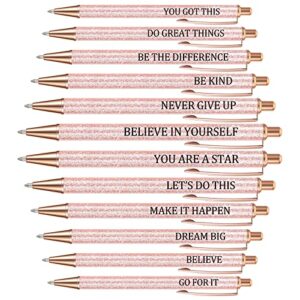 12 pcs quotes sparkly fancy pen inspirational rose gold glitter ballpoint pen with motivational messages pretty cute pens metal inspirational pen set black ink pens writing pens (inspirational style)