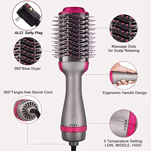 Hair Dryer Brush, Hot Air Brush, Negative Ion Hair Dryer Volumizer Brush for Women, Ceramic Anti-sacald Blow Dryer Brush for Fast Drying Styling Curling Hair with 3 Temp Levels (Grey)